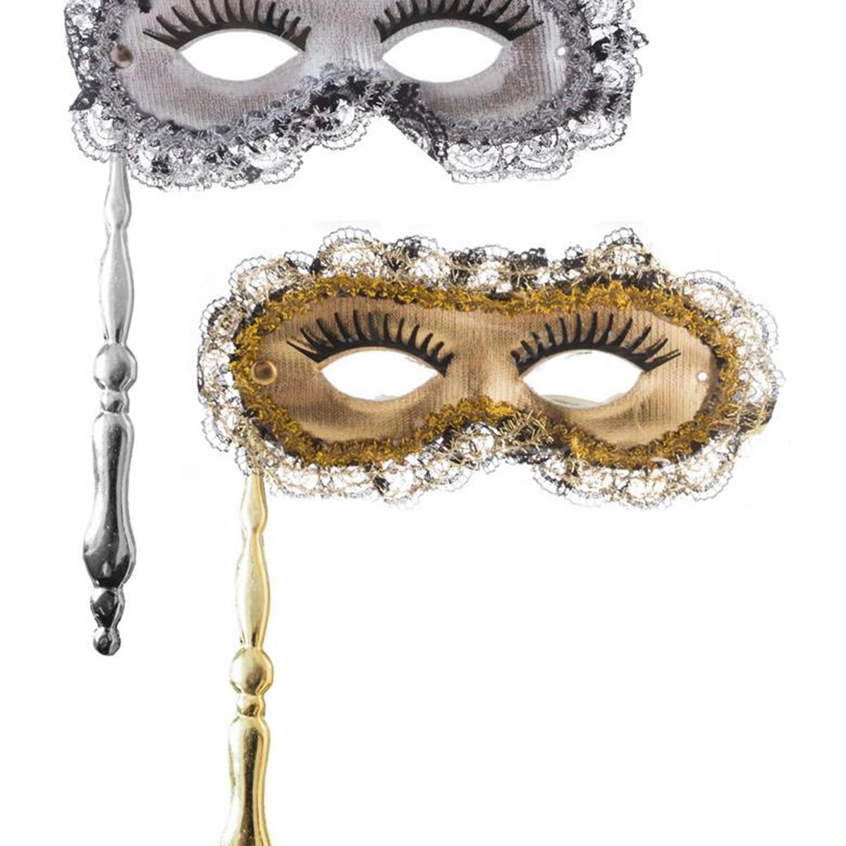 Oogmasker met stok goud/zilver met kant p/st. — De Goudse Feestwinkel